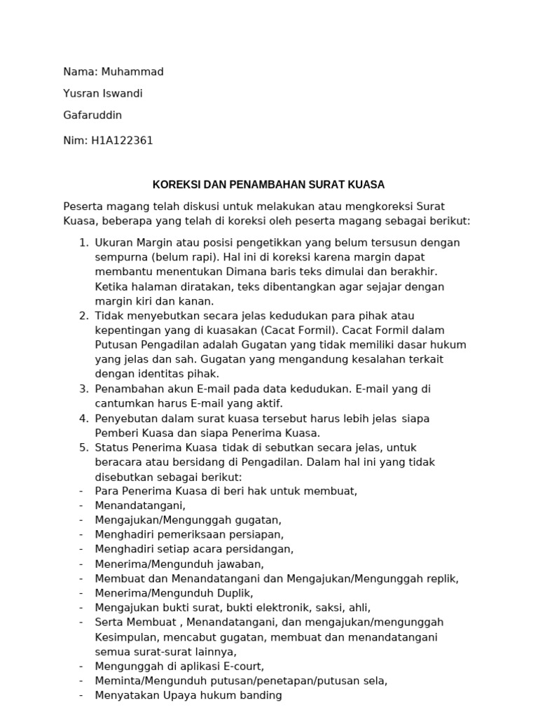 Koreksi Dan Penambahan Surat Kuasa Muh. Yusran Iswandi G | PDF