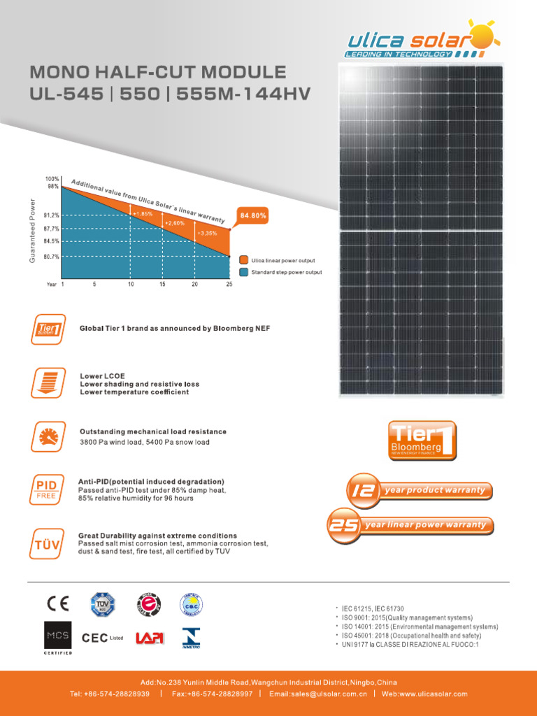 Datasheet Ulica Mono 550-555W (182mm) - New | PDF