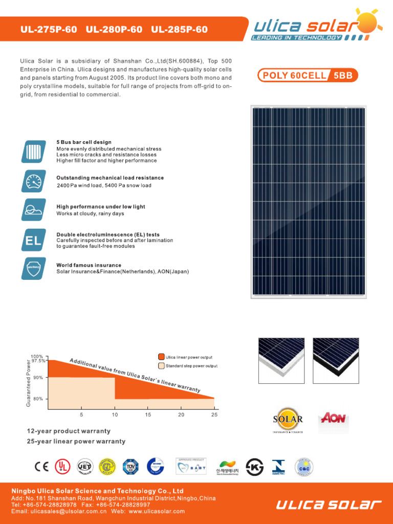 Datasheet Ulica Solar 275w | PDF