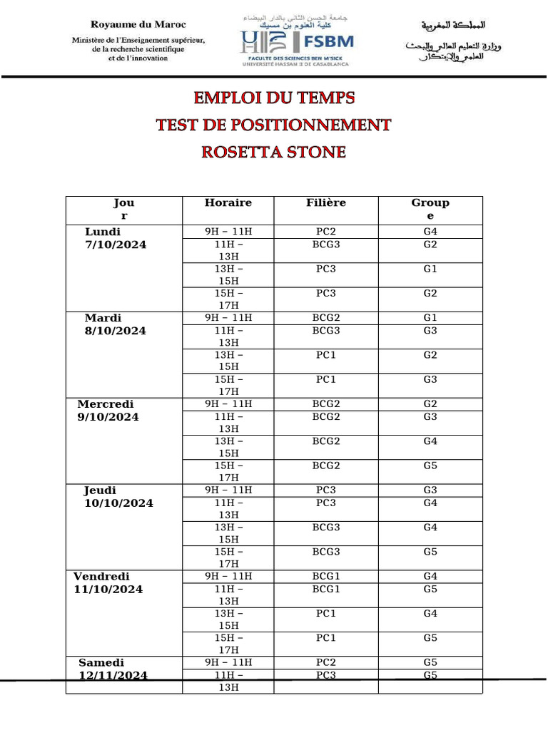 Emploi Du Temps ROSETTA STONE | PDF