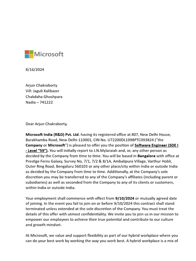 Microsoft Job Offer Letter for Arjun | PDF | Trade Secret | Patent
