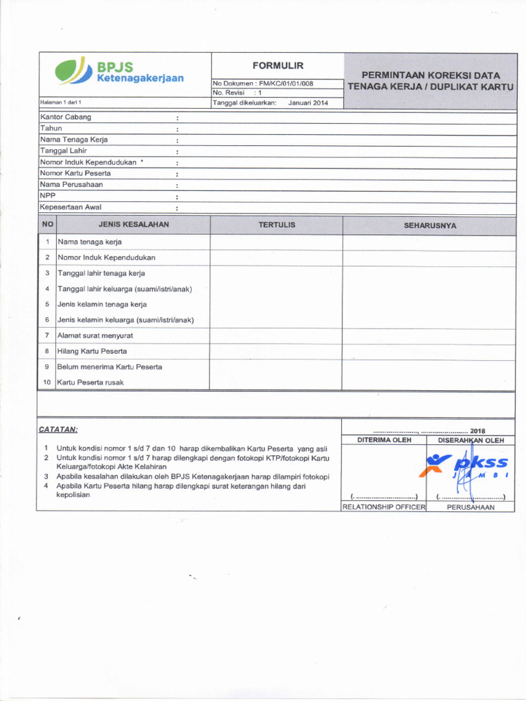 Formulir Koreksi Data Tenaga Kerja | PDF