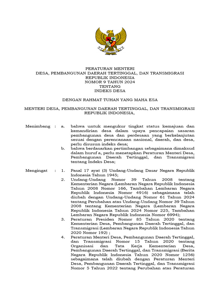 Permendes No. 9 Tahun 2024: Indeks Desa | PDF