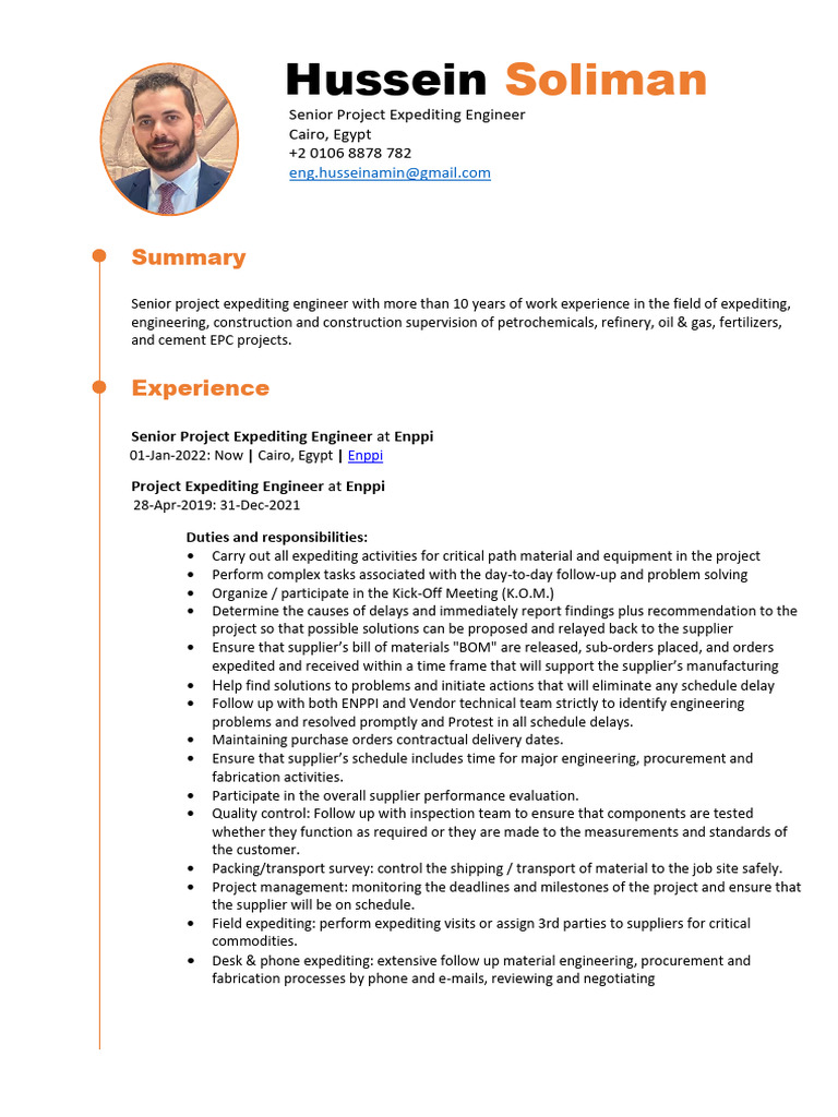 Senior Project Expediting Engineer Profile | PDF | Engineering