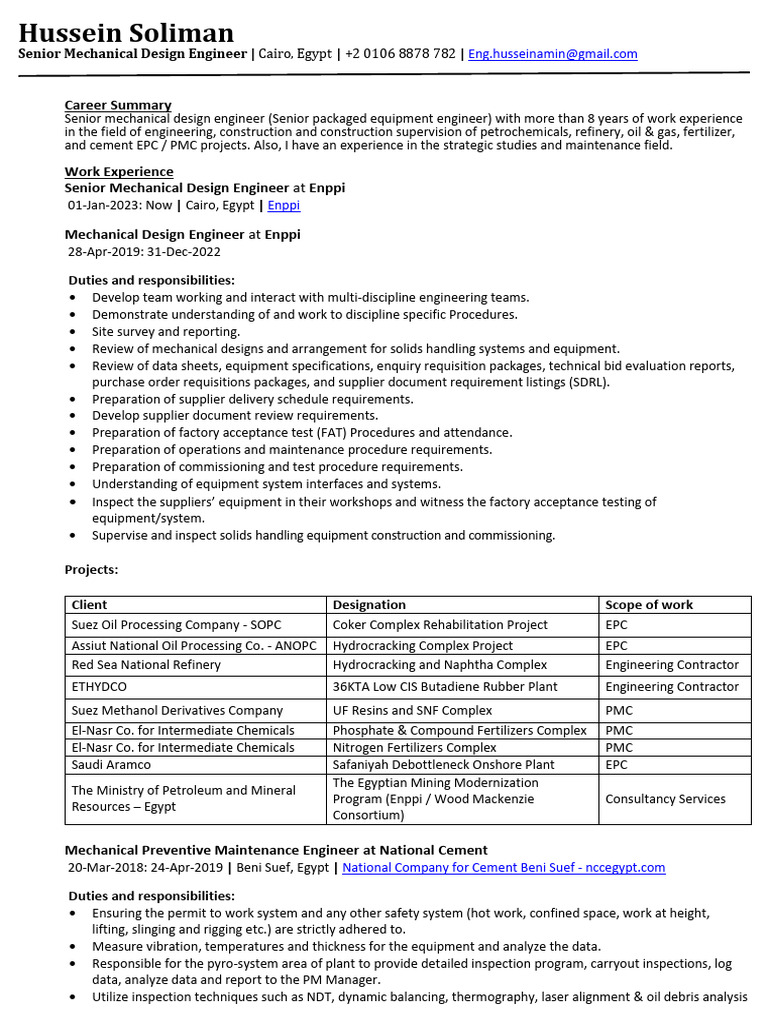 Senior Mechanical Design Engineer - Hussein Soliman | PDF | Reliability ...