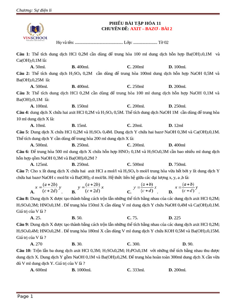 PBT 2 - Chuyên Đề Acid - Bazơ-1 | PDF