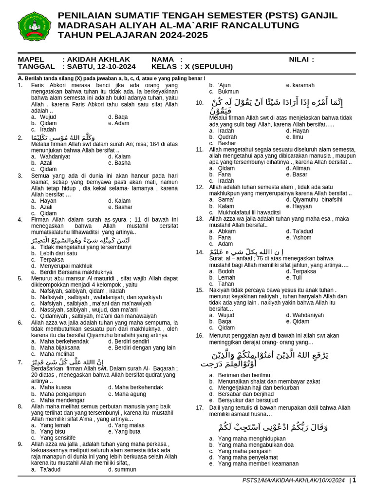 PSTS1 Akidah Akhlak 10 TH24 | PDF | Agama & Spiritualitas