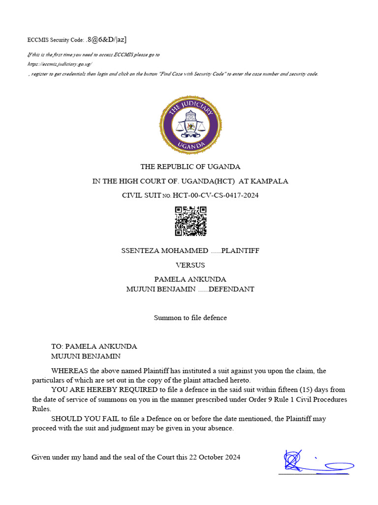 HCT-00-CV-CS-0417-2024 - Summon To File Defence - SUM0001 | PDF