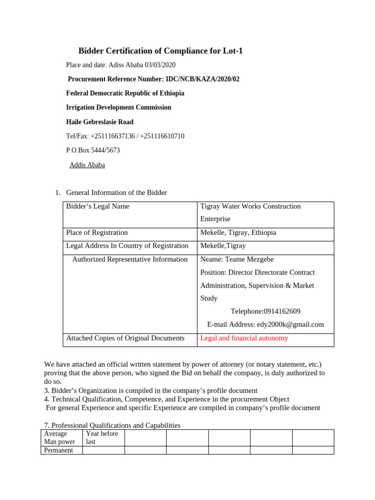 Bidder Certification of Compliance For Lot | PDF | Law