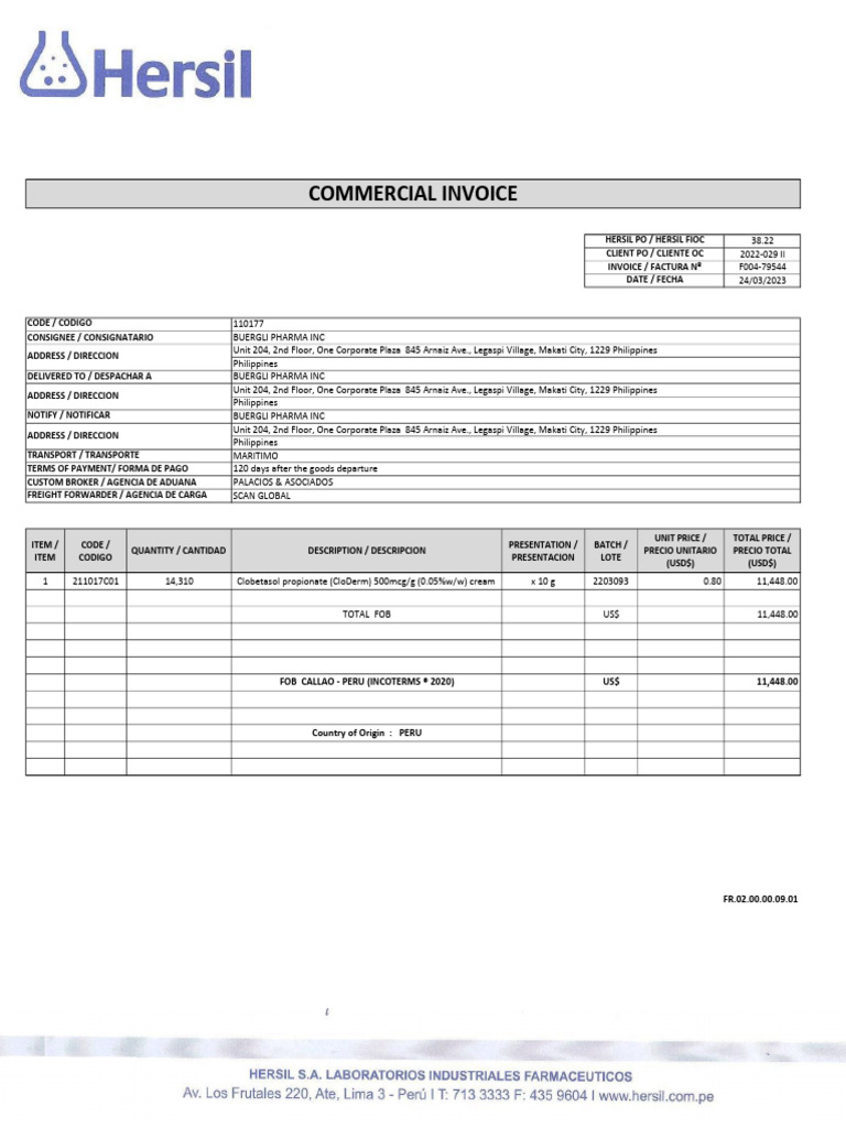 Supplier's Bill Sample From Buergli Pharma CI Y PL F004-79544 Cloderm ...