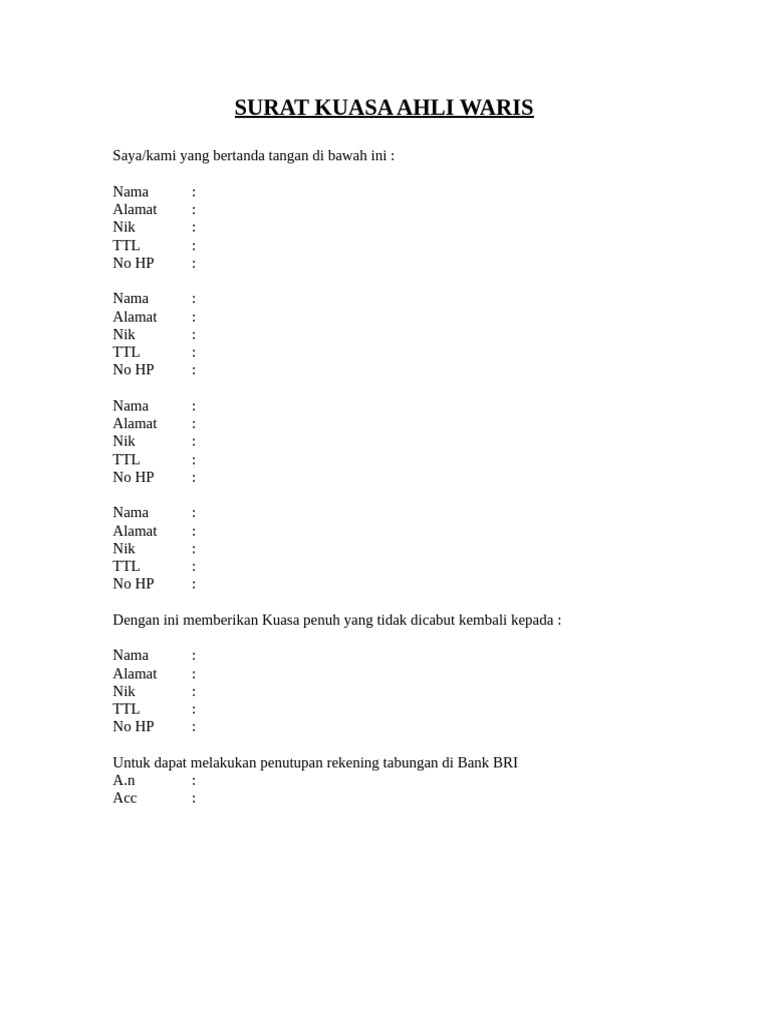 Surat Kuasa Ahli Waris BRI | PDF | Pengelolaan Keuangan & Uang | Politik