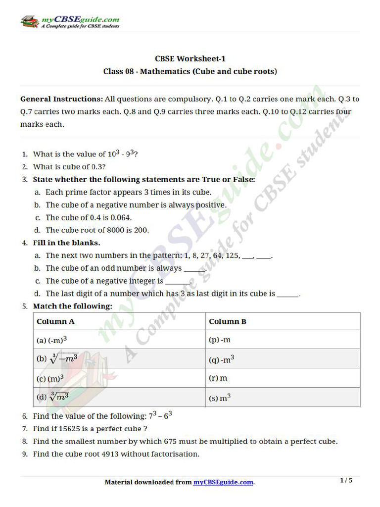 08 Mathematics Worksheet Ch7 1 | PDF