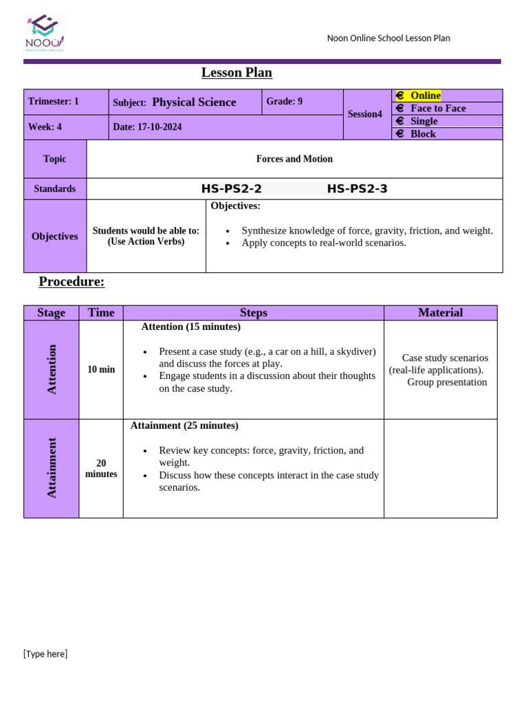 G9 Physics W4 S4 Forces Lesson Plan) | PDF | Force | Lesson Plan