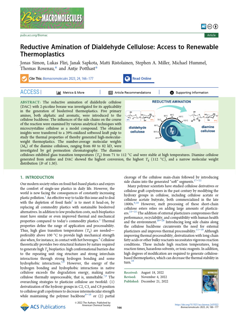 Simon Et Al 2022 Reductive Amination of Dialdehyde Cellulose Access To ...