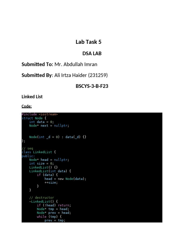 Ali Irtza Haider-231259-Linked List | PDF | Computers