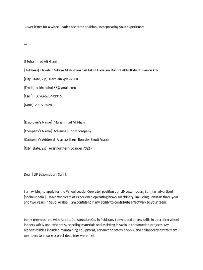 Cover Letter Wheel Loader | PDF