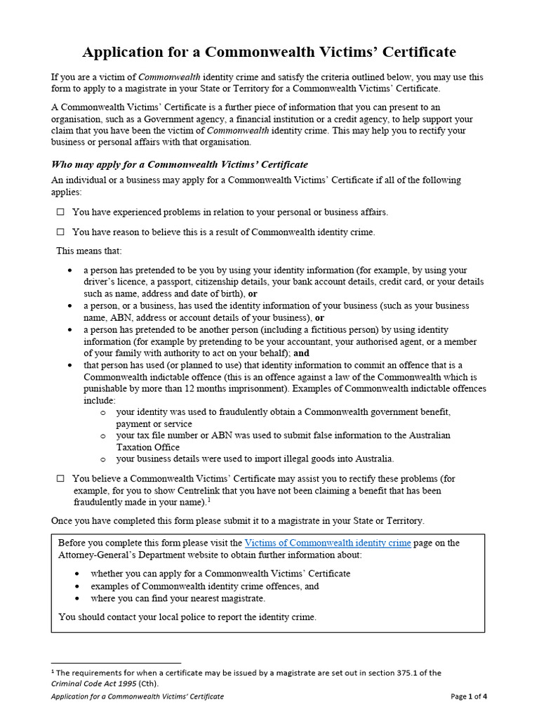 Application For A Commonwealth Victims Certificate | PDF | Crimes ...