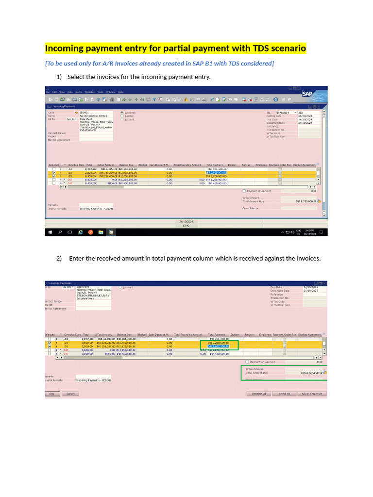 Incoming Payment Entry For Partial Payment With TDS Scenario - For ...