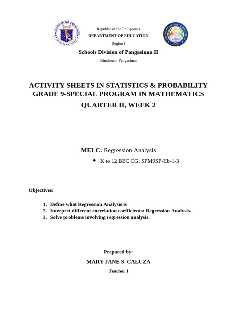 Grade 9 Regression Analysis Activity Sheets | PDF | Linear Regression ...