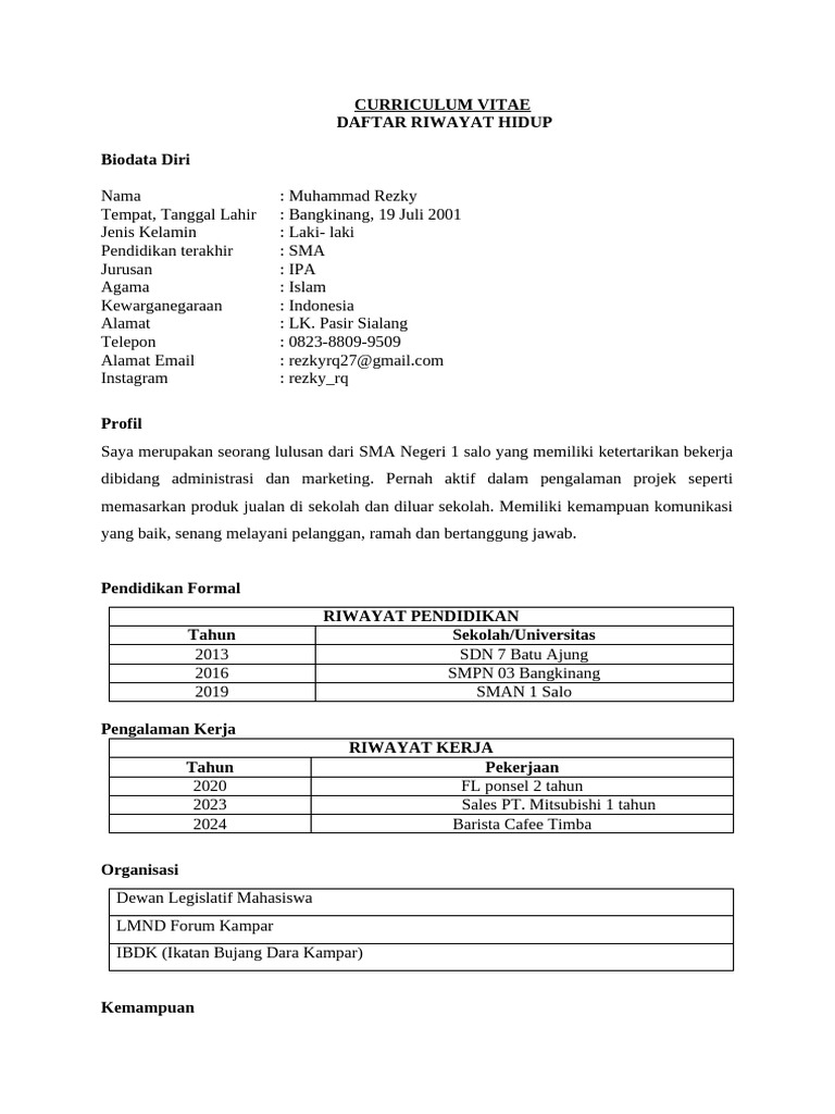 CV Muhammad Rezky | PDF