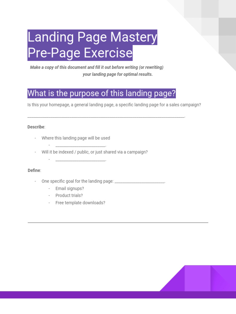 Landing Page Mastery - Pre-Page Exercise Template | PDF | Computing