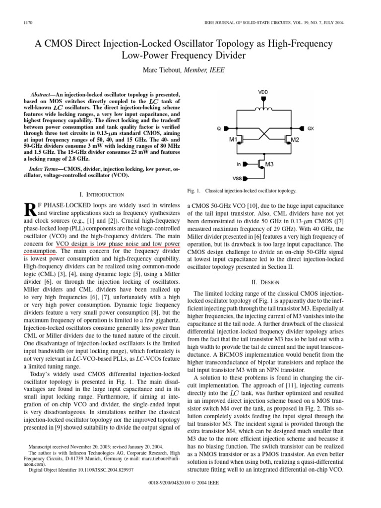 A Cmos Direct Injection Locked Oscillator Topology As High Frequency Low Power Frequency Divider