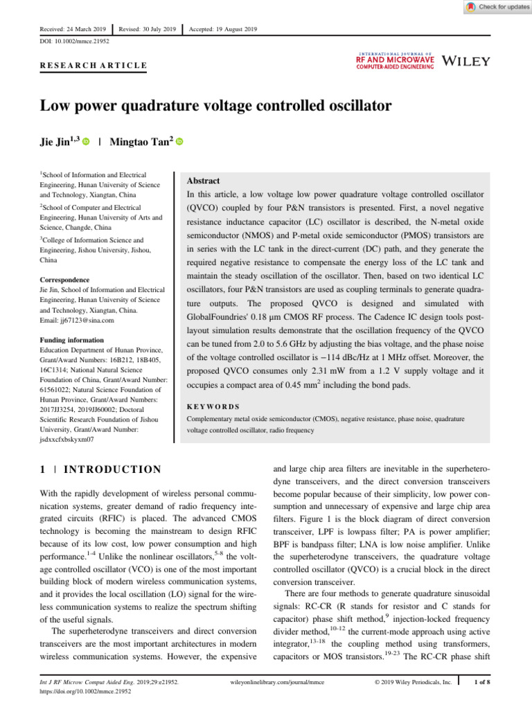 Int J RF Mic Comp-Aid Eng - 2019 - Jin - Low Power Quadrature Voltage Controlled Oscillator ...