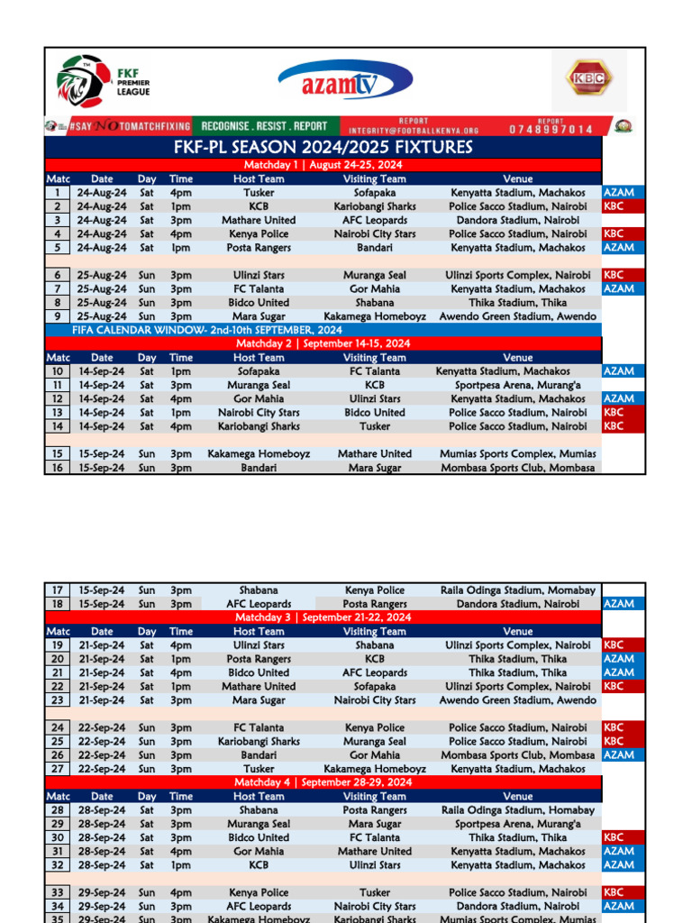 FKF Premier League Fixtures Season 2024-2025 (Draft Fixtures) | PDF ...