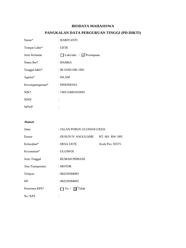 Format Biodata PDDikti | PDF