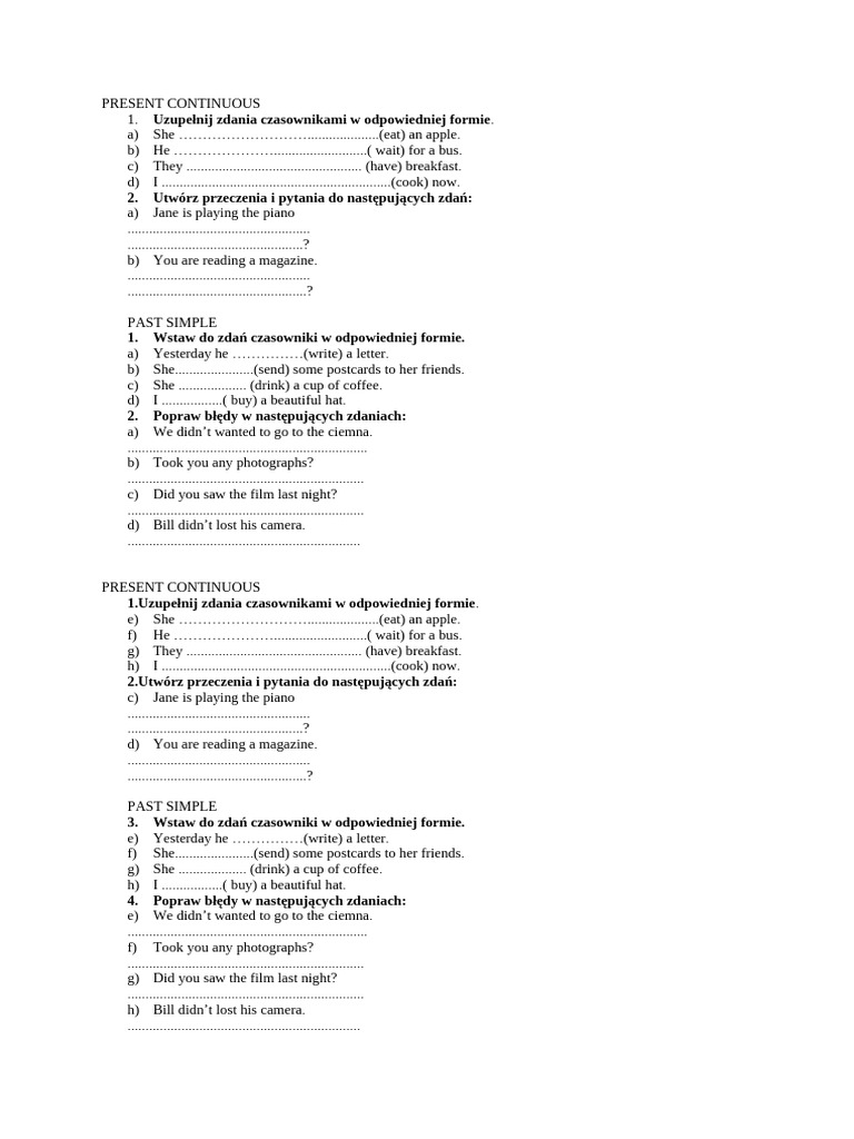 Present Cont.i Past Simple - Test Dla 2 TA | PDF