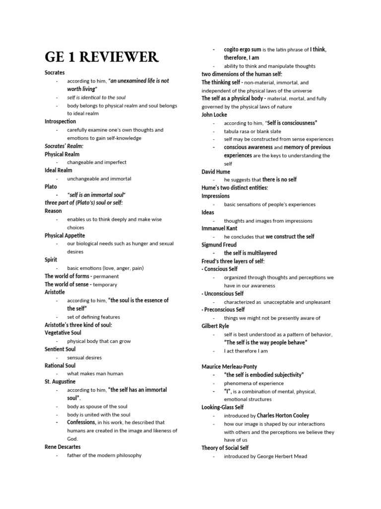 Ge 1 Reviewer | PDF | Philosophy Of Self | Soul