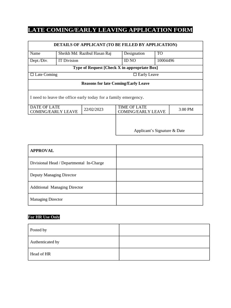Late Coming/Early Leave Application Form | PDF