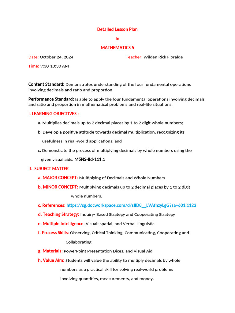 Detailed Lesson Plan in Mathematics 5 | PDF | Numbers | Multiplication