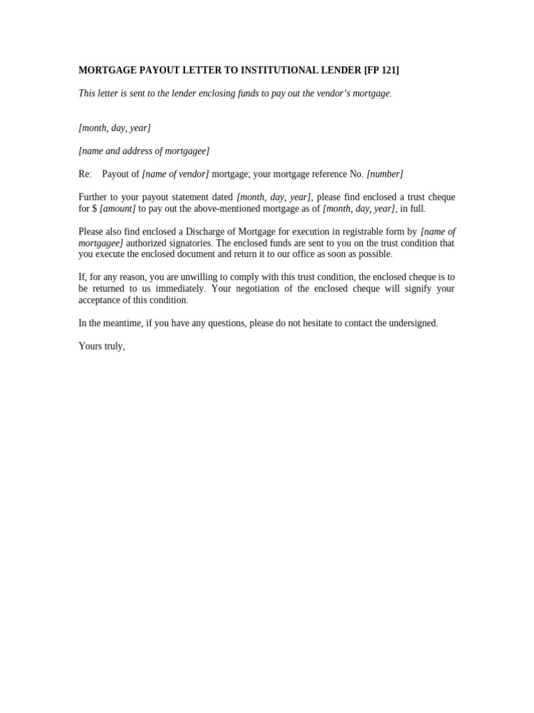 Mortgage Payout Letter to Lender | PDF