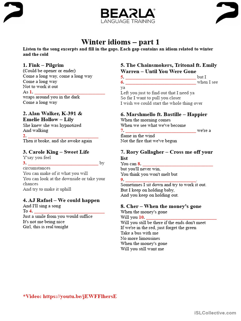 Winter Idioms and Expressions in Songs Worksheet | PDF | Poetry