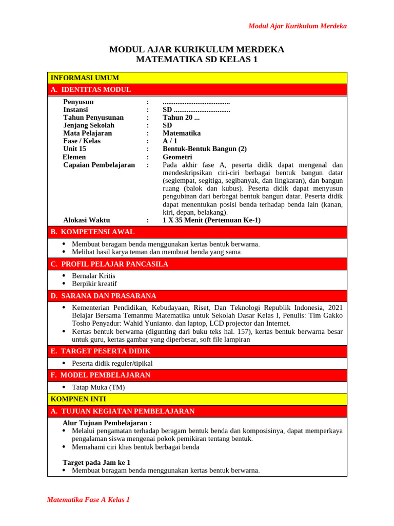 Modul Ajar Unit 15 Bentuk-Bentuk Bangun | PDF