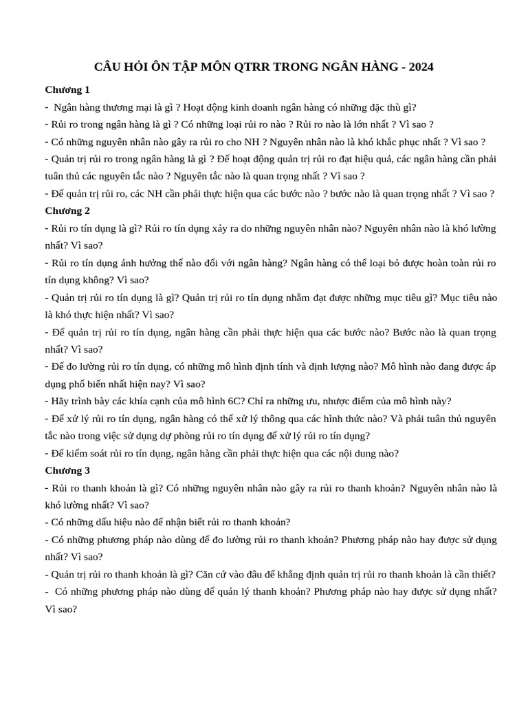 Câu Hỏi Ôn Tập QTRR Trong NH 2024 | PDF