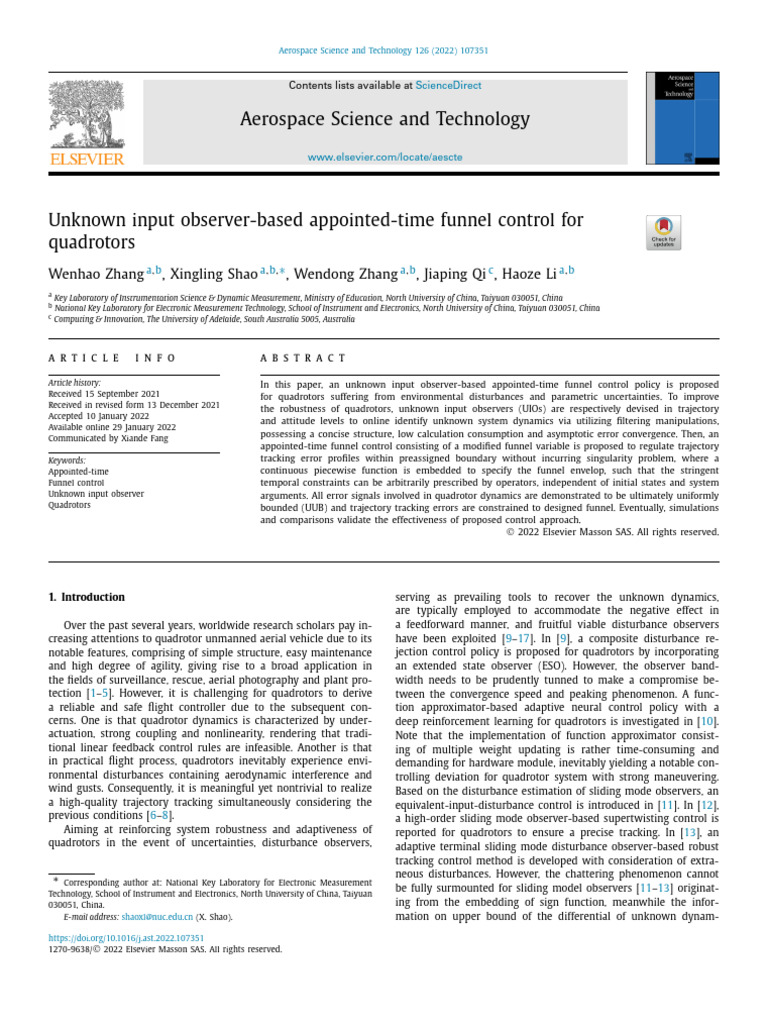 Unknown Input Observer-Based Appointed-Time Funnel Control For | PDF | Euclidean Vector | Quadcopter