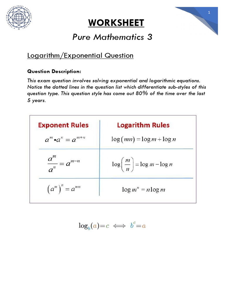 Worksheet - P3 - Logarithm and Exponential Question | PDF | Teaching Methods & Materials | Computers