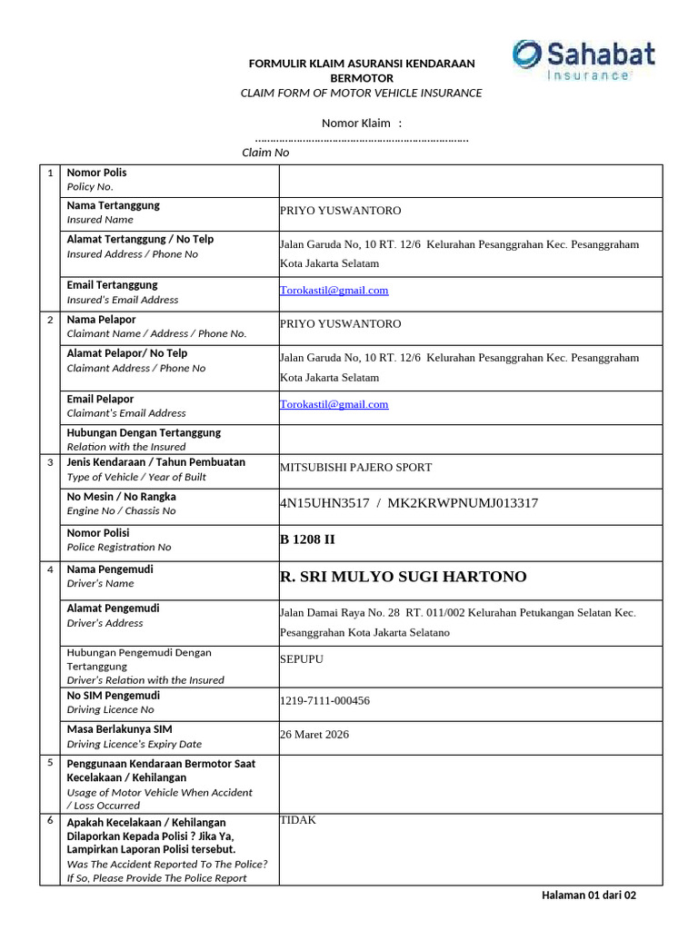 Form Klaim Sahabat Insurance | PDF