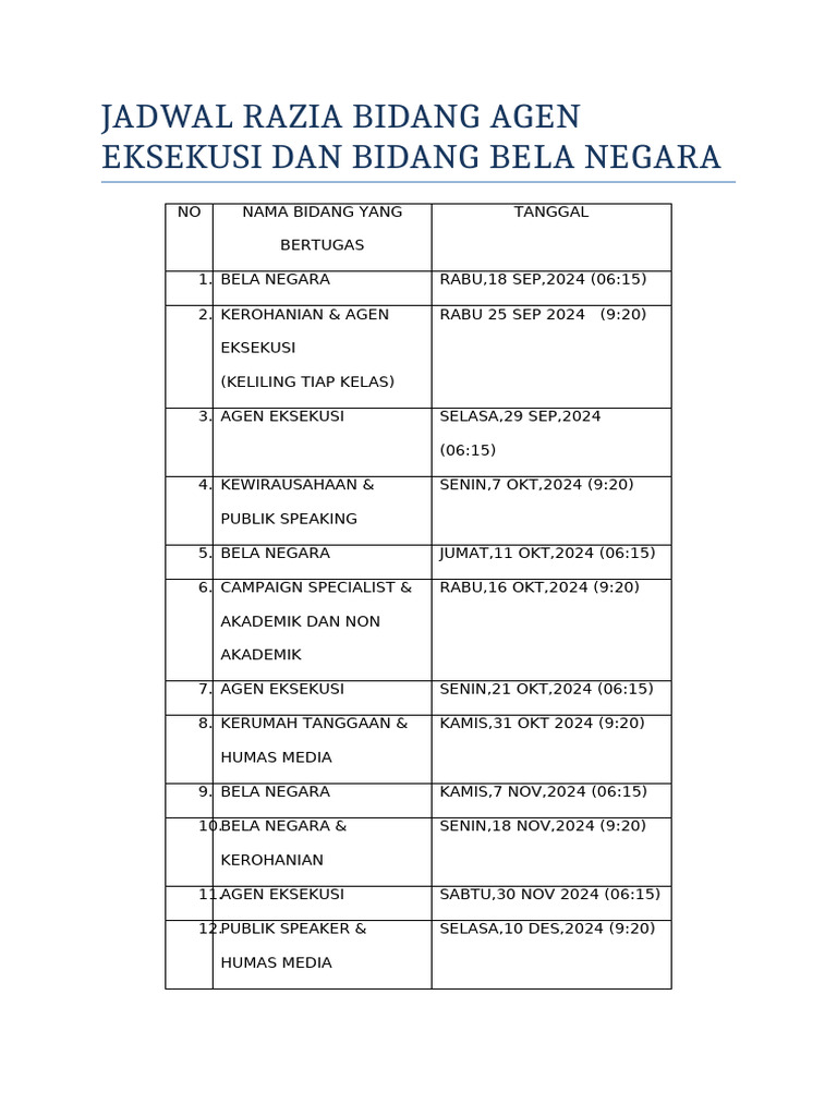 Jadwal Razia Bidang Agen Eksekusi Dan Bidang Bela Negara | PDF | Seni