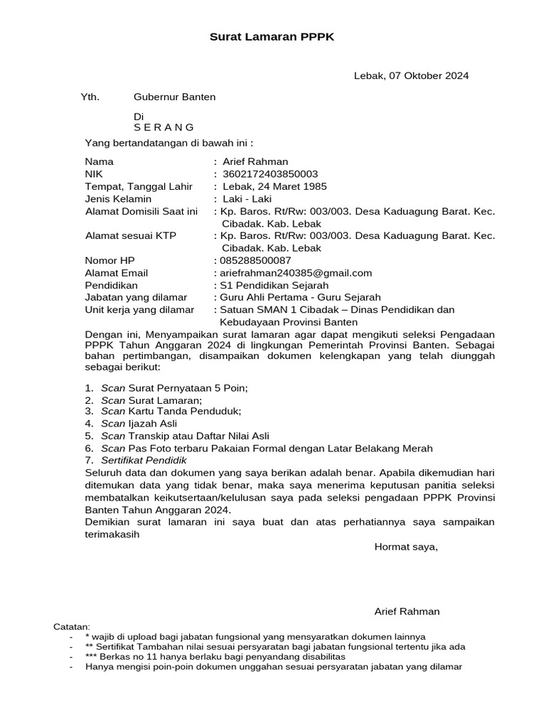 Format Surat Lamaran PPPK 2024 Arief | PDF