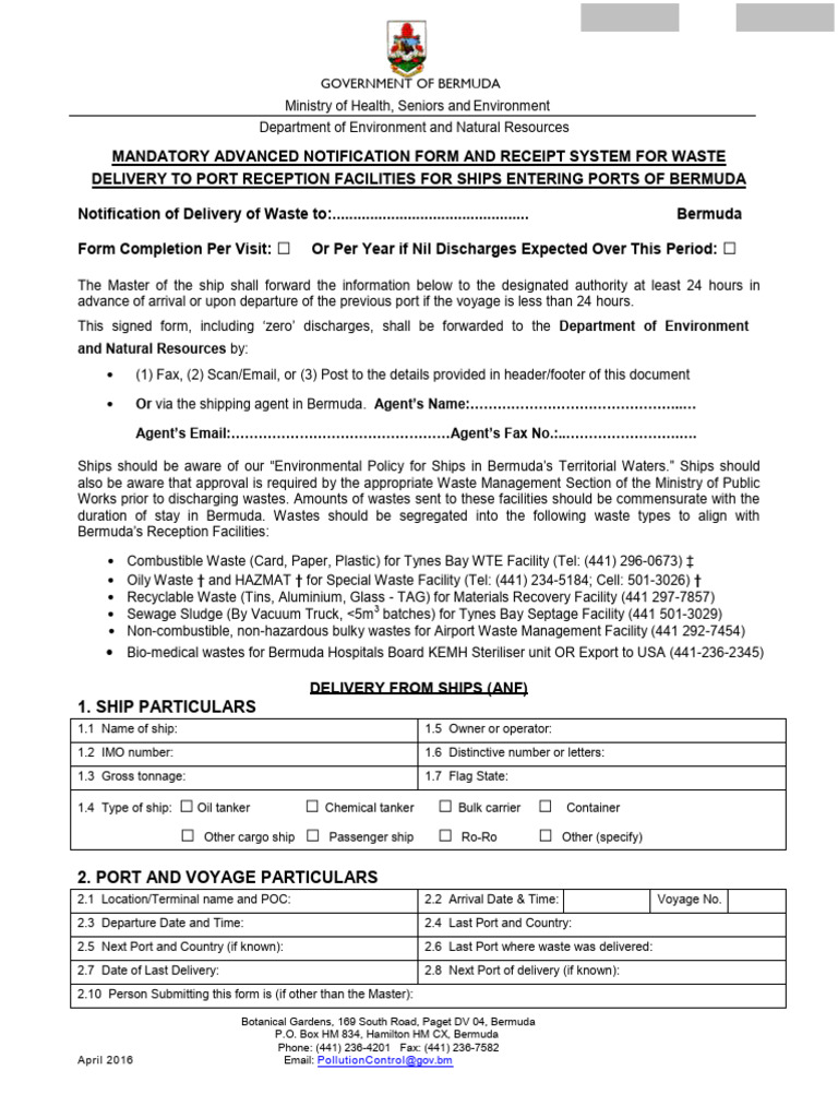 Advanced Notification Form For Ships Entering Bermuda | PDF | Waste ...