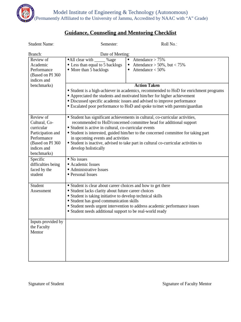 Guidance, Counseling & Mentoring Checklist | PDF