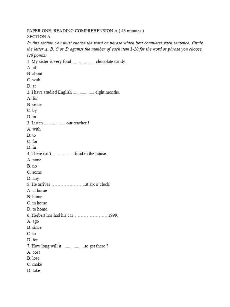 PAPER ONE - READING COMPREHENSION A (45 Minutes) | PDF