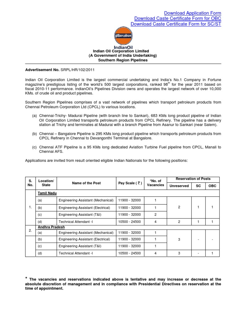 Advertisement Vacancy Locations in SRPL 3 AugRS 2011 | PDF | Petroleum | Pipeline Transport