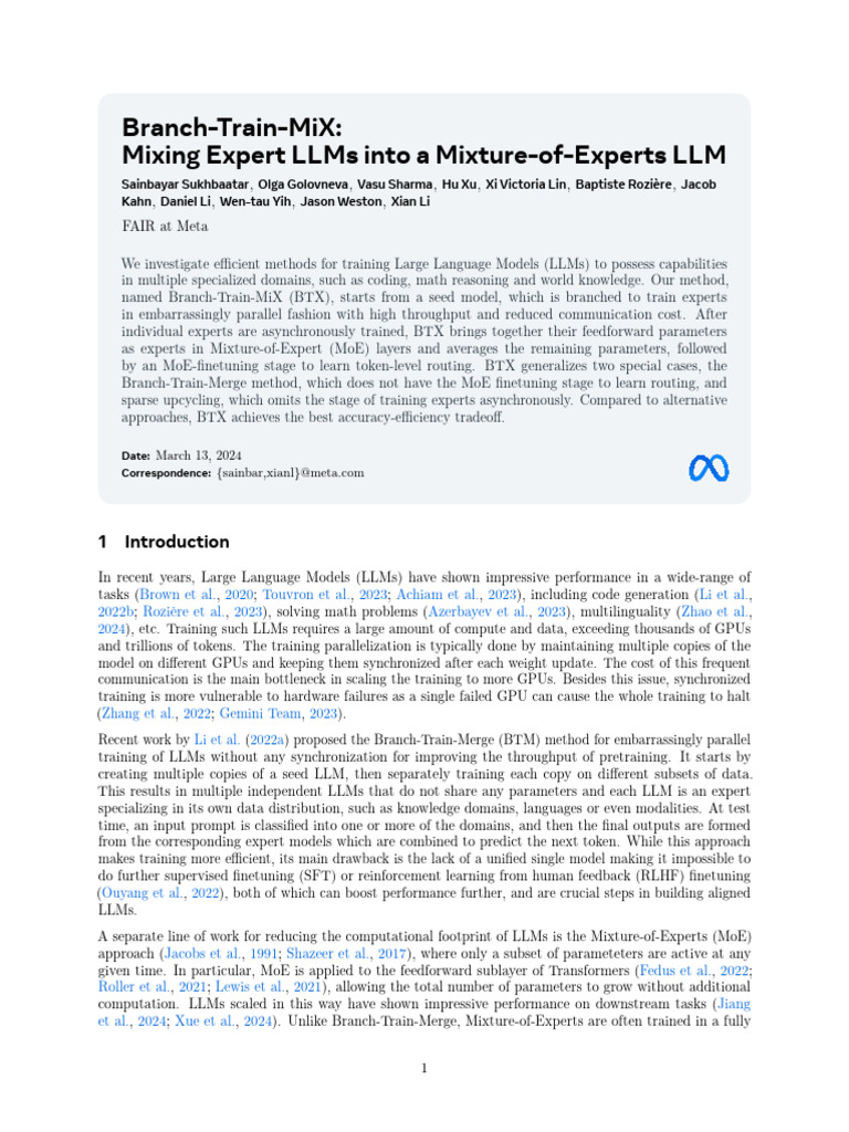 Branch-Train-MiX Mixing Expert LLMs Into A Mixture-of-Experts LLM | PDF | Computational ...