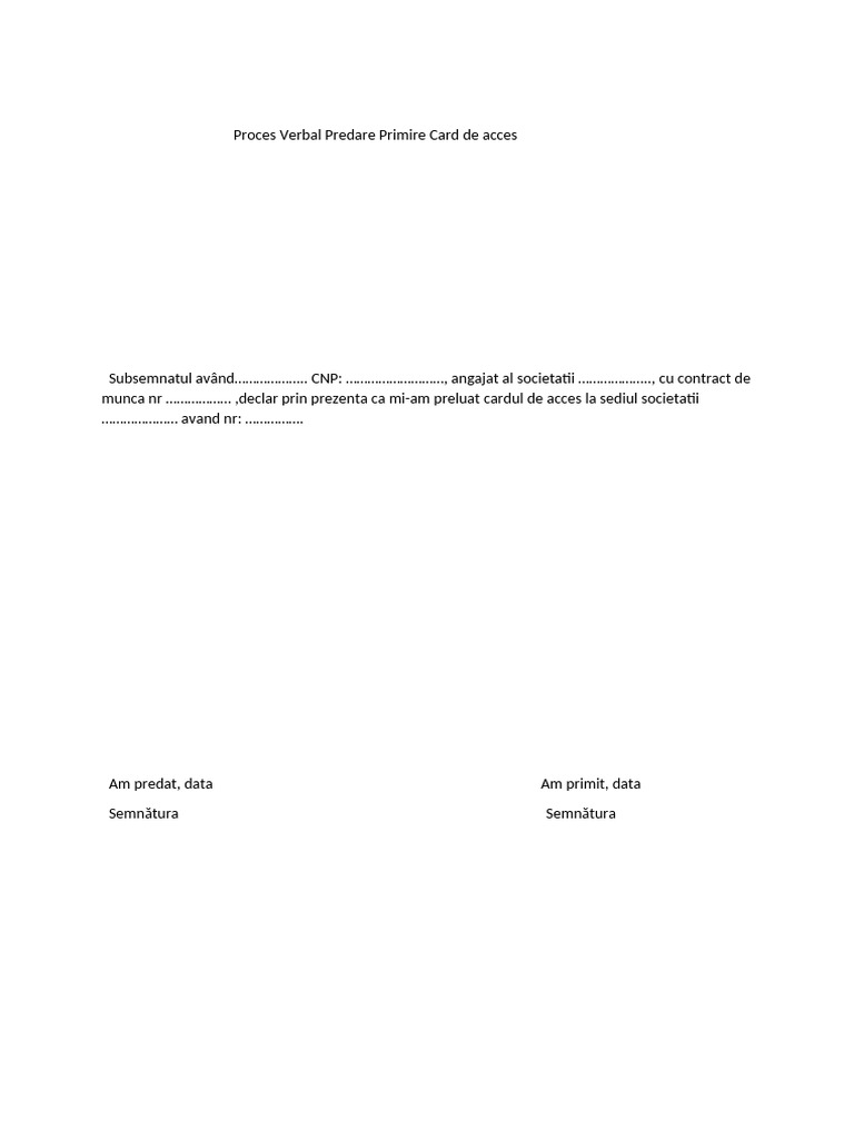 Proces Verbal Predare Primire Card de Acces Ures | PDF