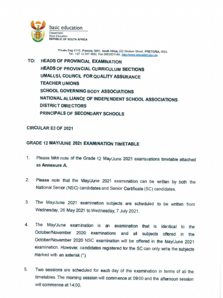 13 Dbe Circular E3 Grade 12 May-June Time Table | PDF