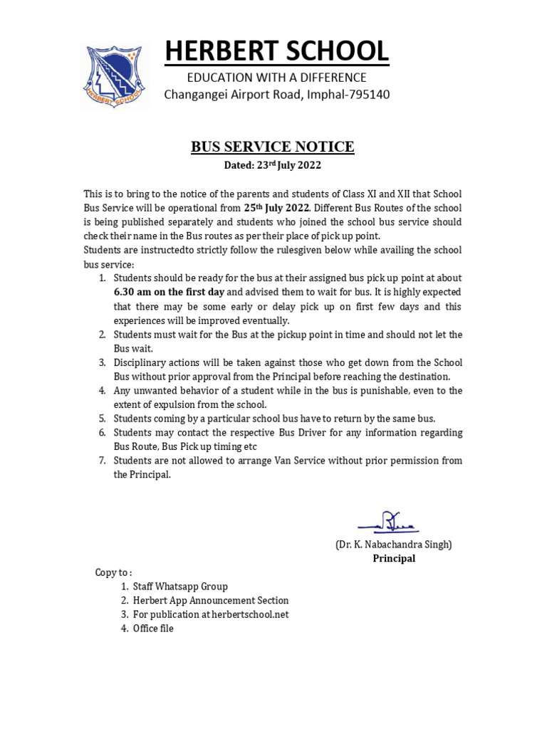 Herbert School: Bus Service Notice | PDF